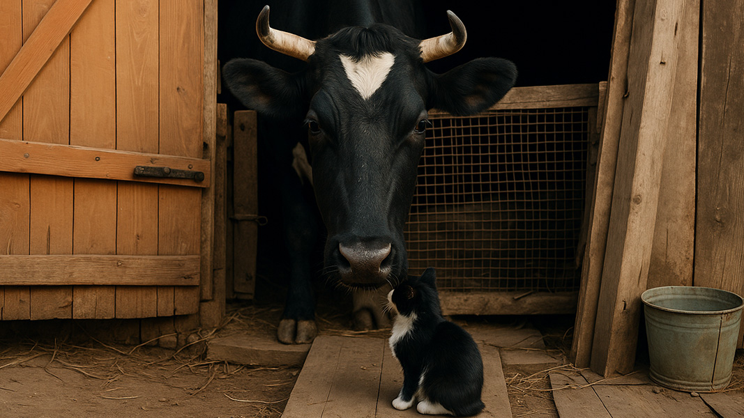 Cat meets cow at barn entrance