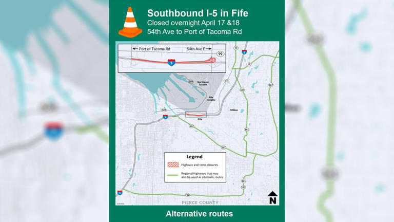 Southbound I-5 closing overnight this weekend in Fife, WA for new sign
