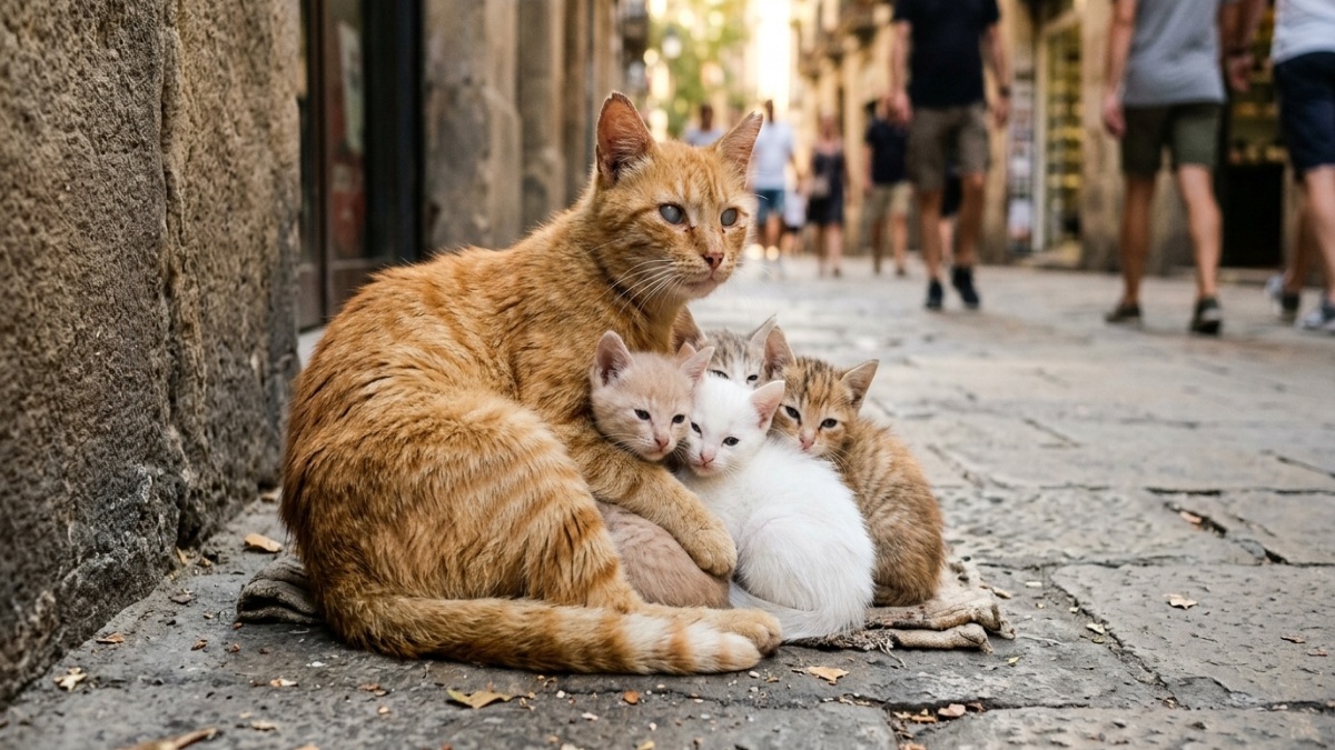 Blind but devoted, this mother cat protects her kittens and melts hearts