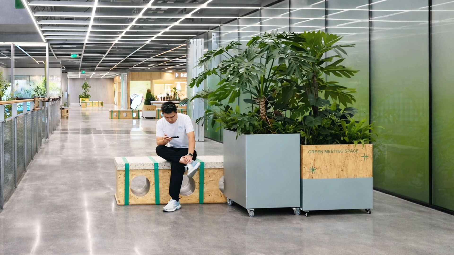 A calm green area inside China mall offers a different atmosphere