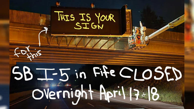 Southbound I-5 closing overnight this weekend in Fife, WA for new sign