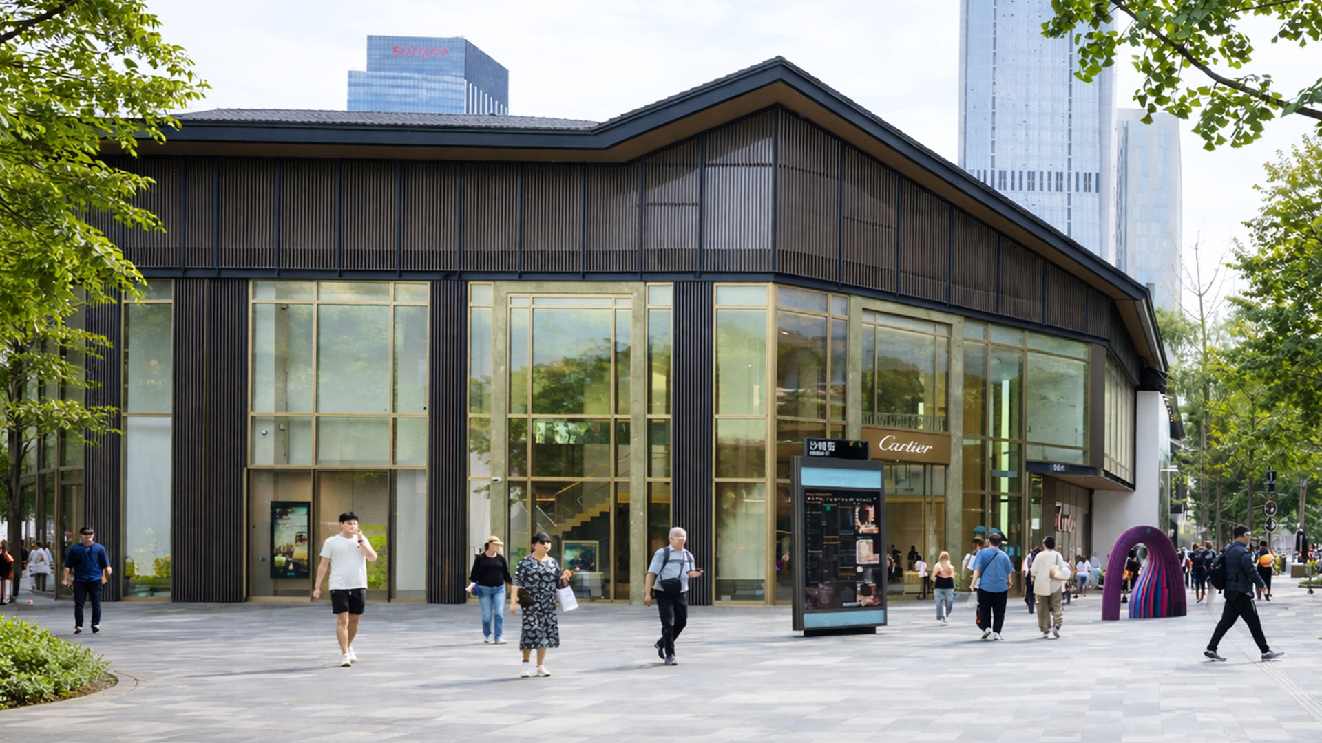 A modern retail street in China attracts visitors throughout the day