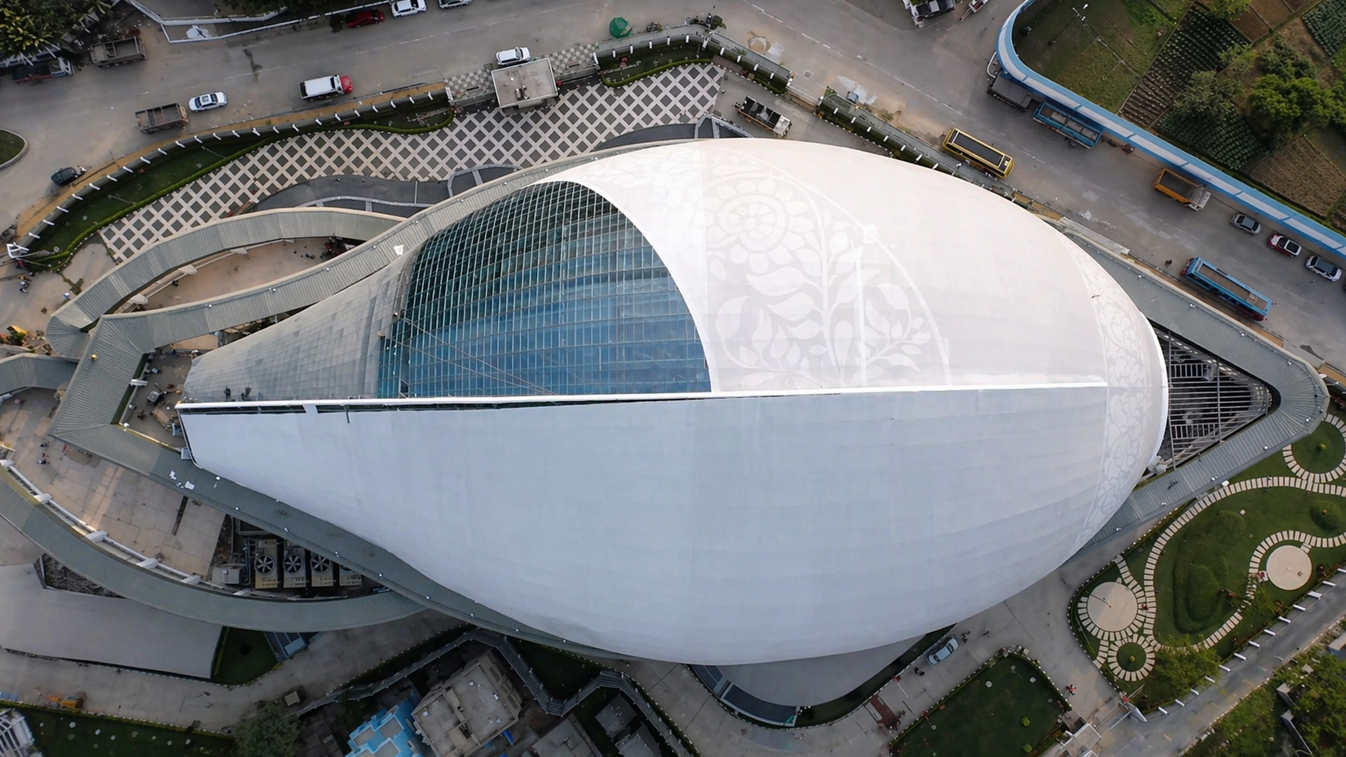 A modern landmark in India with a unique architectural design