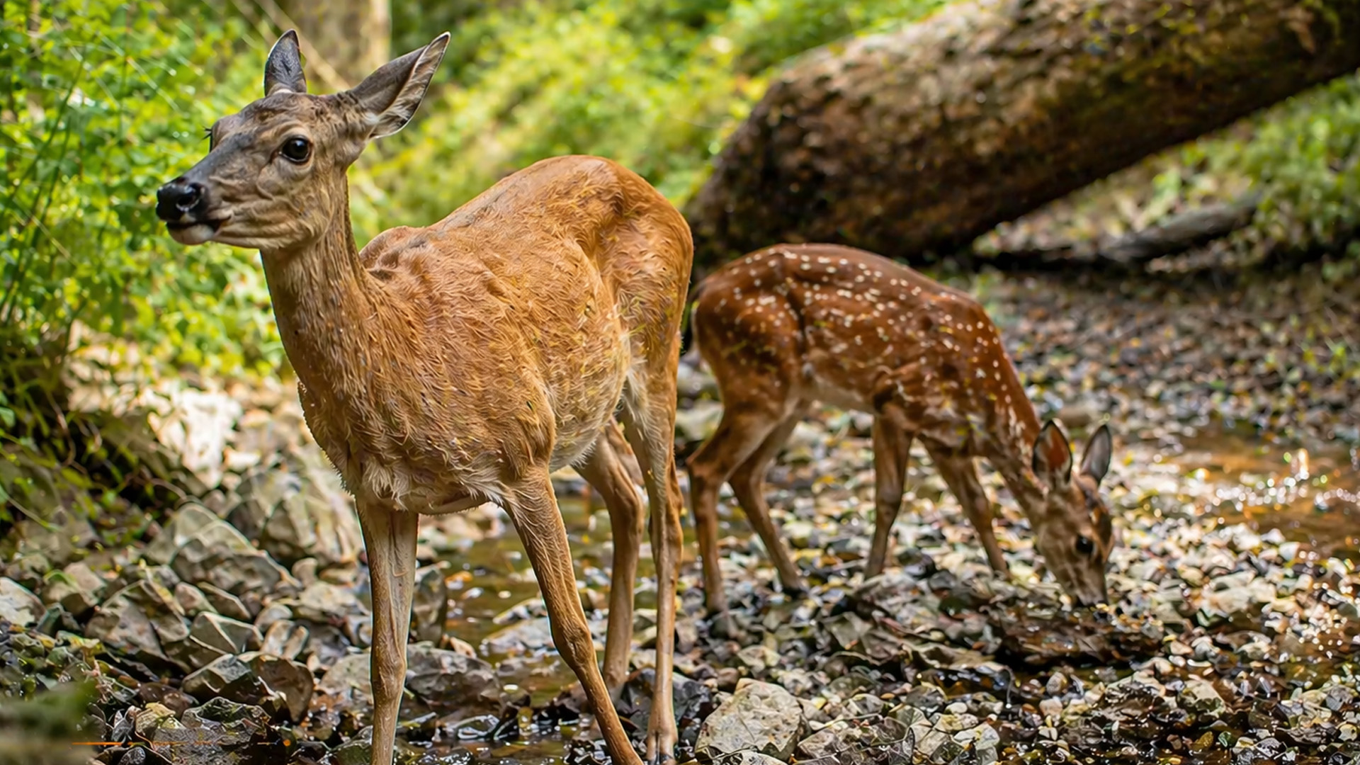 Camera trap captures a deer and its fawn by the stream