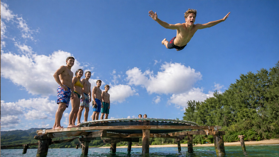 Floating trampoline in ocean creates bounce scene