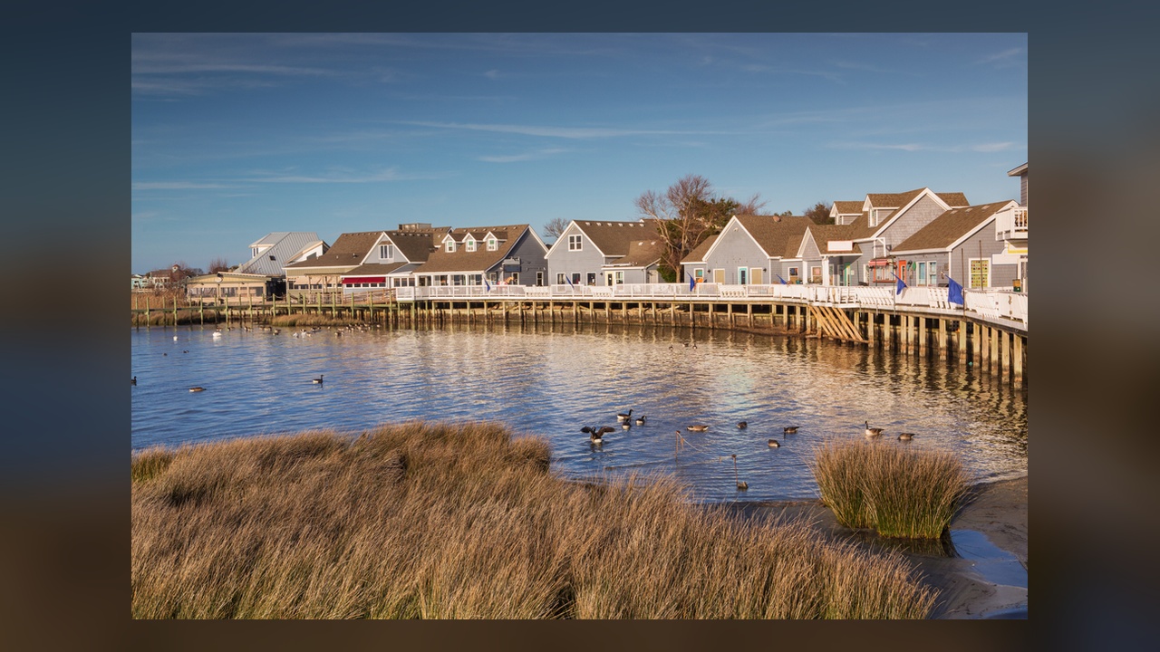 The Outer Banks has a boardwalk that floats through marsh and ends at a ...