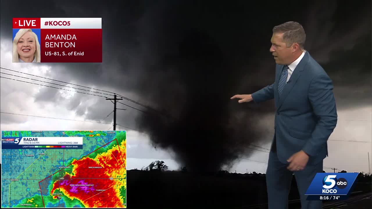Large tornado spins up near Enid as storms track across Oklahoma