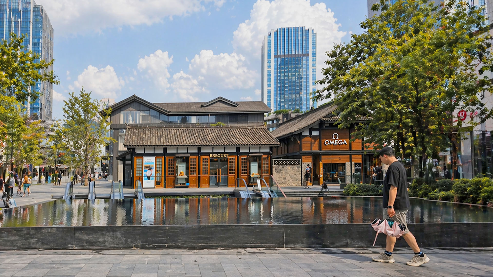 Classic design stands beside modern brands in this open urban area