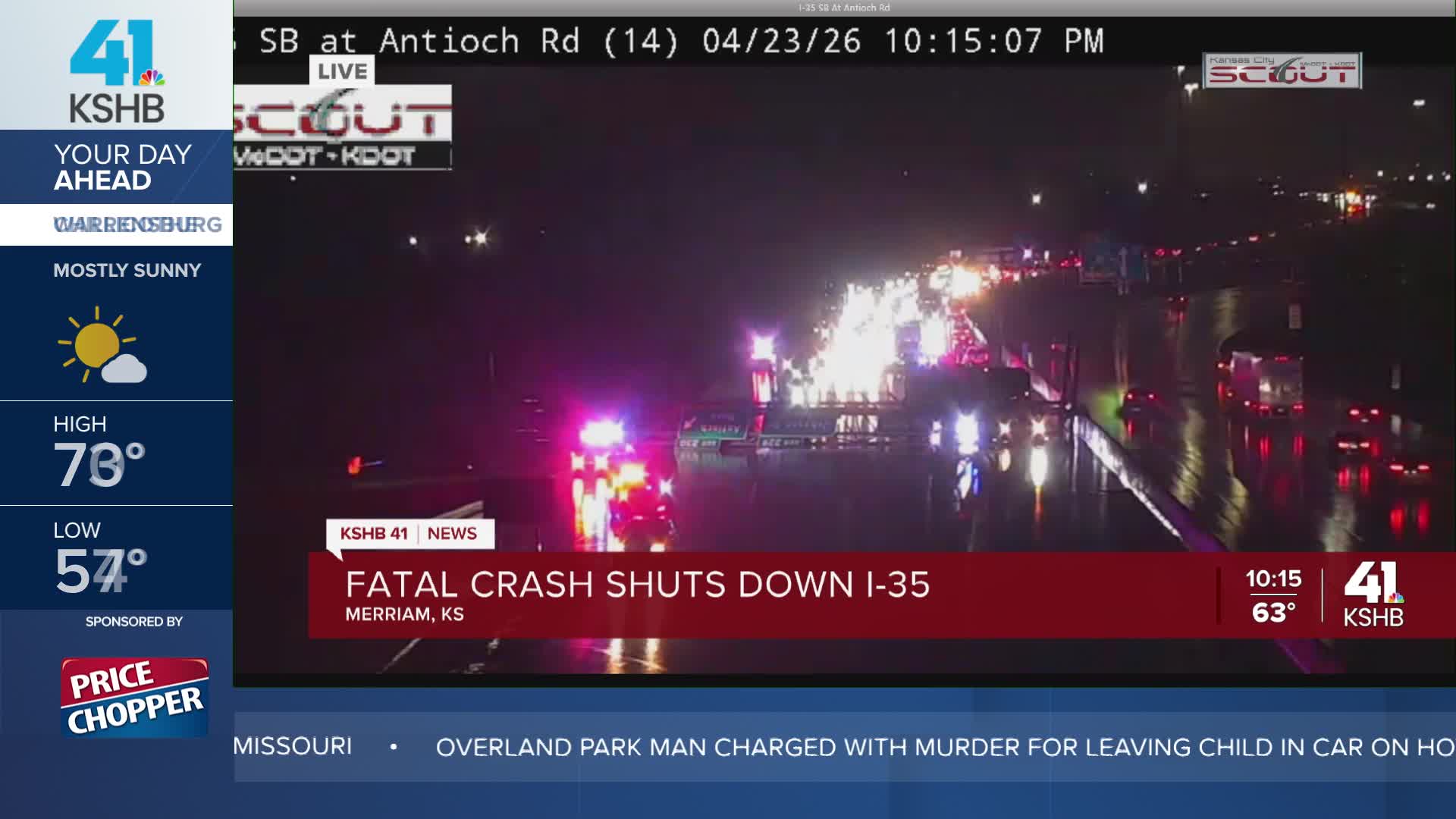 Deadly crash, fallen road sign closes SB I-35 at Antioch in Overland Park