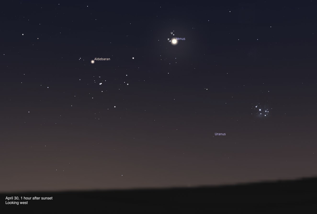 The sky today on Thursday, April 30: Venus poses with a pair of stars