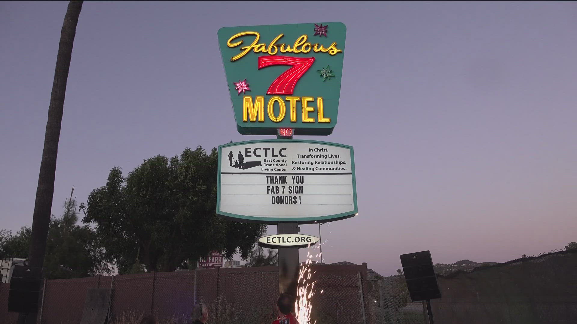 Lighting ceremony for vintage Fabulous 7 Motel neon sign in El Cajon