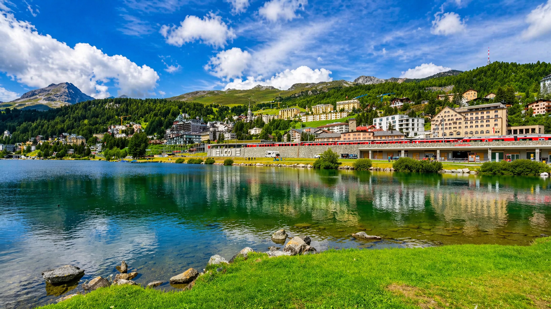 St. Moritz, Suíça em um dia nublado e calmo (4K)