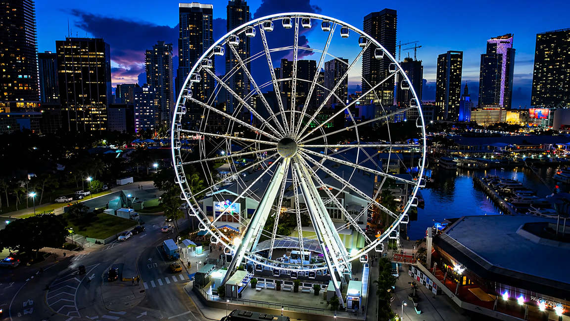 Giant ferris wheel in a modern city skyline at night