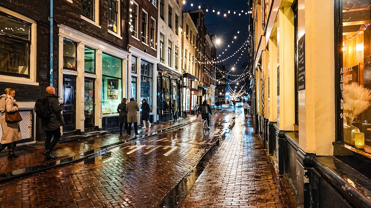 What Amsterdam streets feel like at night with city lights