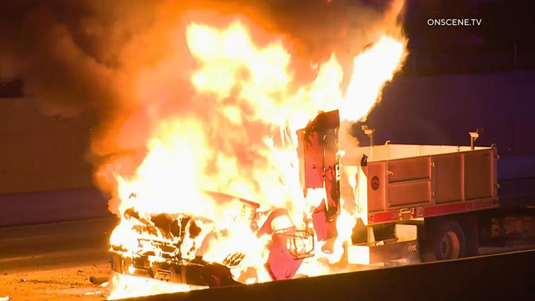 Caltrans truck fire triggers explosion, shuts down 110 Freeway overnight