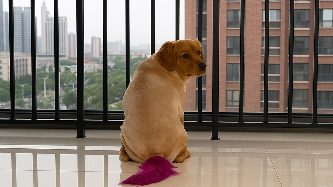 Dog looks back while sitting by balcony