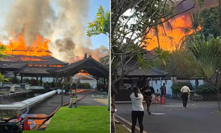 Dramatic scenes as a fire rips through Club Med Bali resort, forcing ...