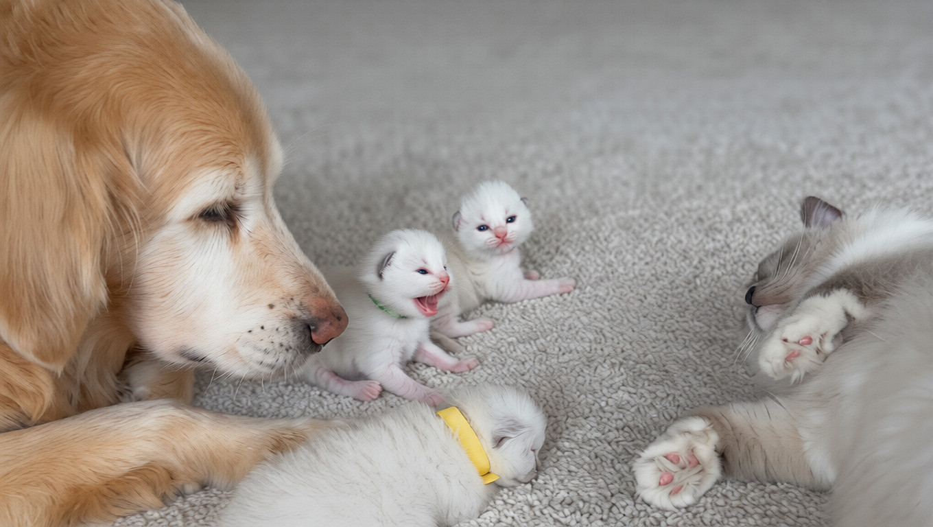 Dog cares for newborn kittens