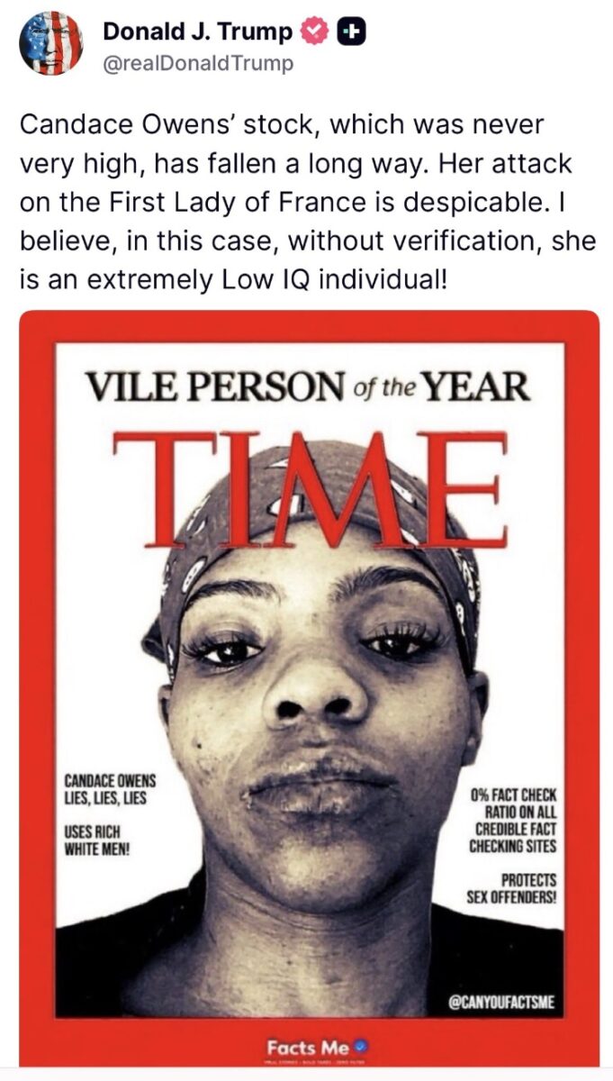 Trump shares doctored TIME cover of ‘low IQ’ Candace Owens: ‘vile ...