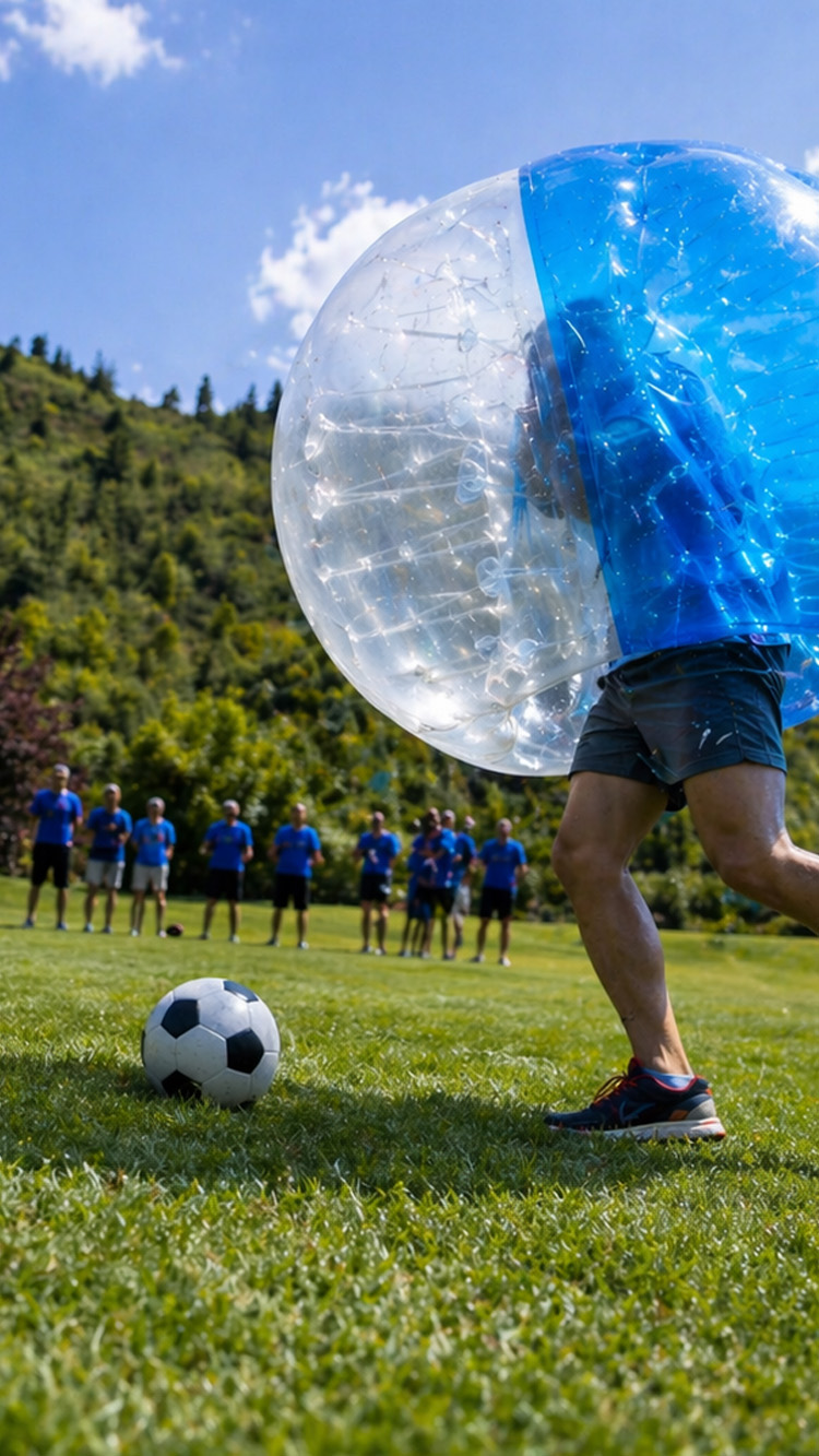 Zorb ball soccer shows constant impact moments