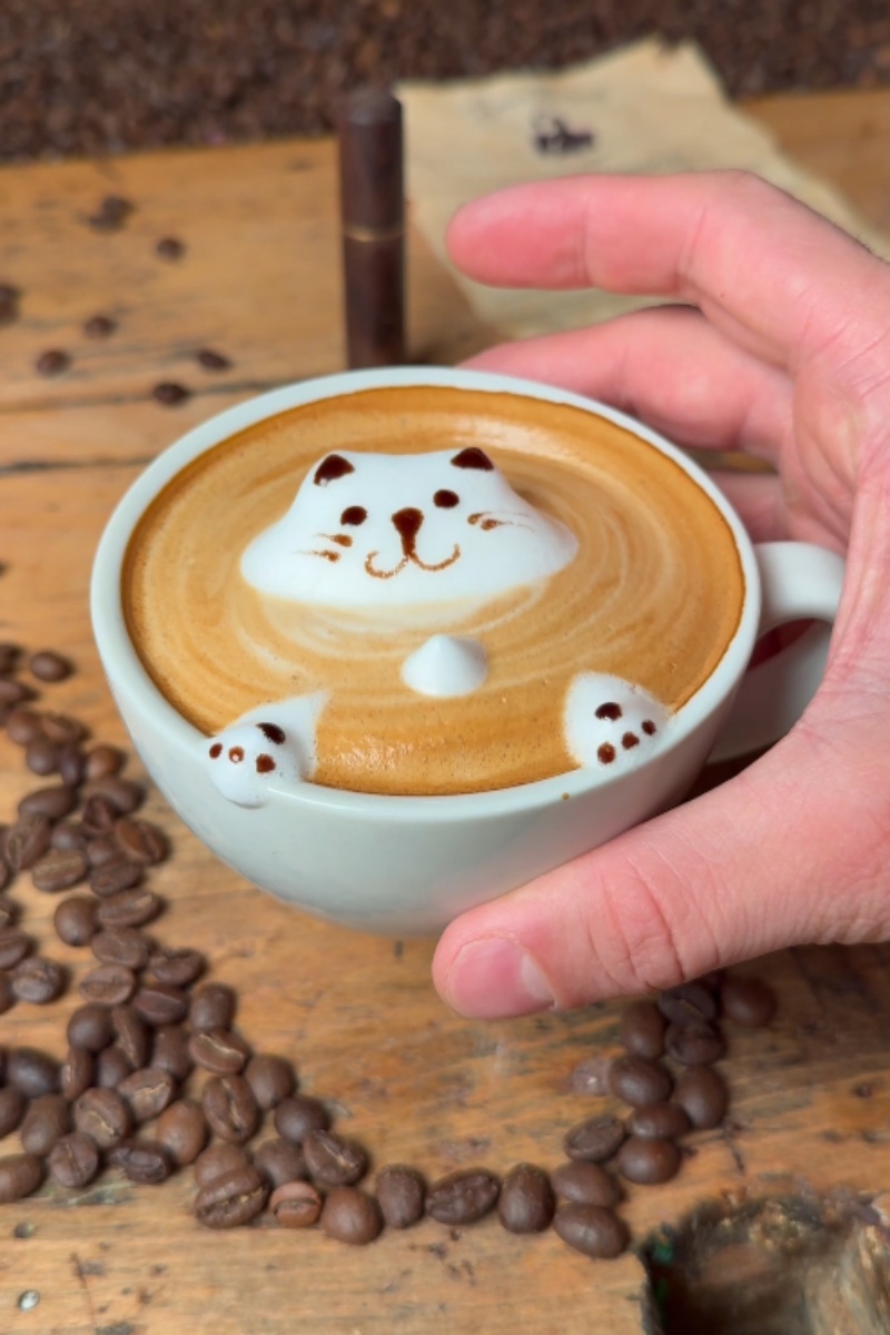 Cute cat latte art with 3D coffee design