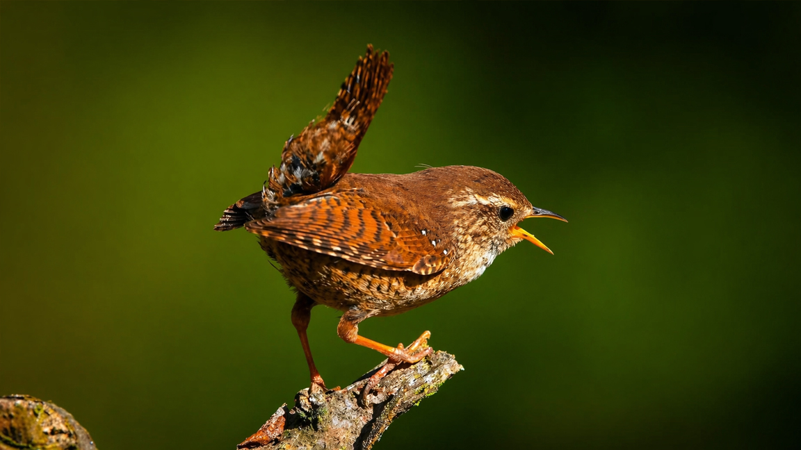 Tiny songbird singing loudly on a branch in natural light