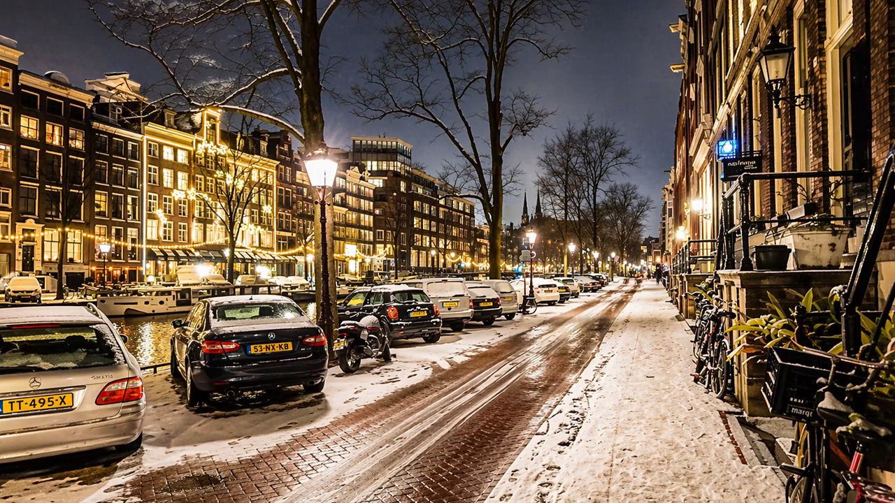 What does Amsterdam look like during a snowy night?