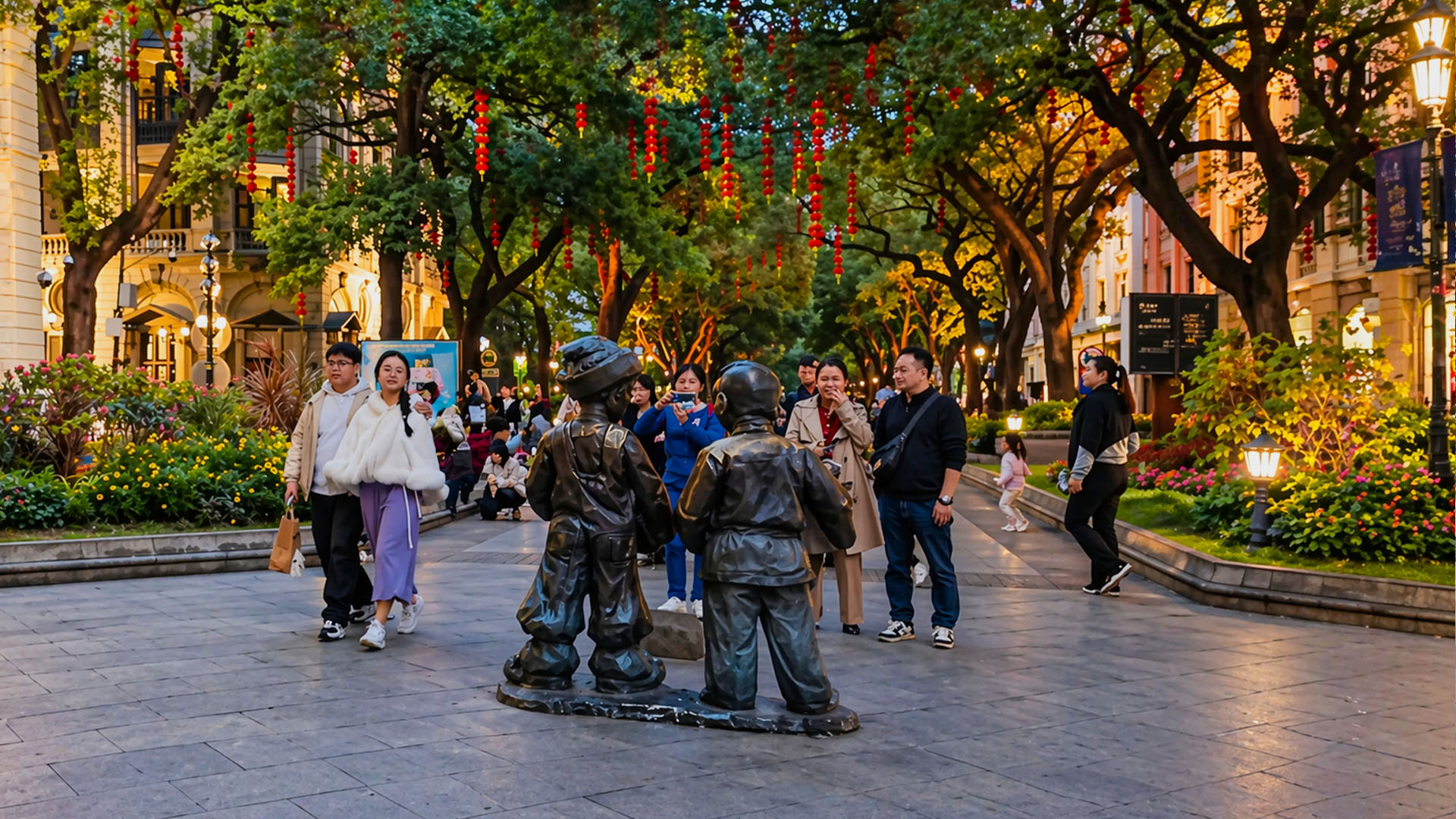 A walkable street in China surrounded by trees and soft lighting