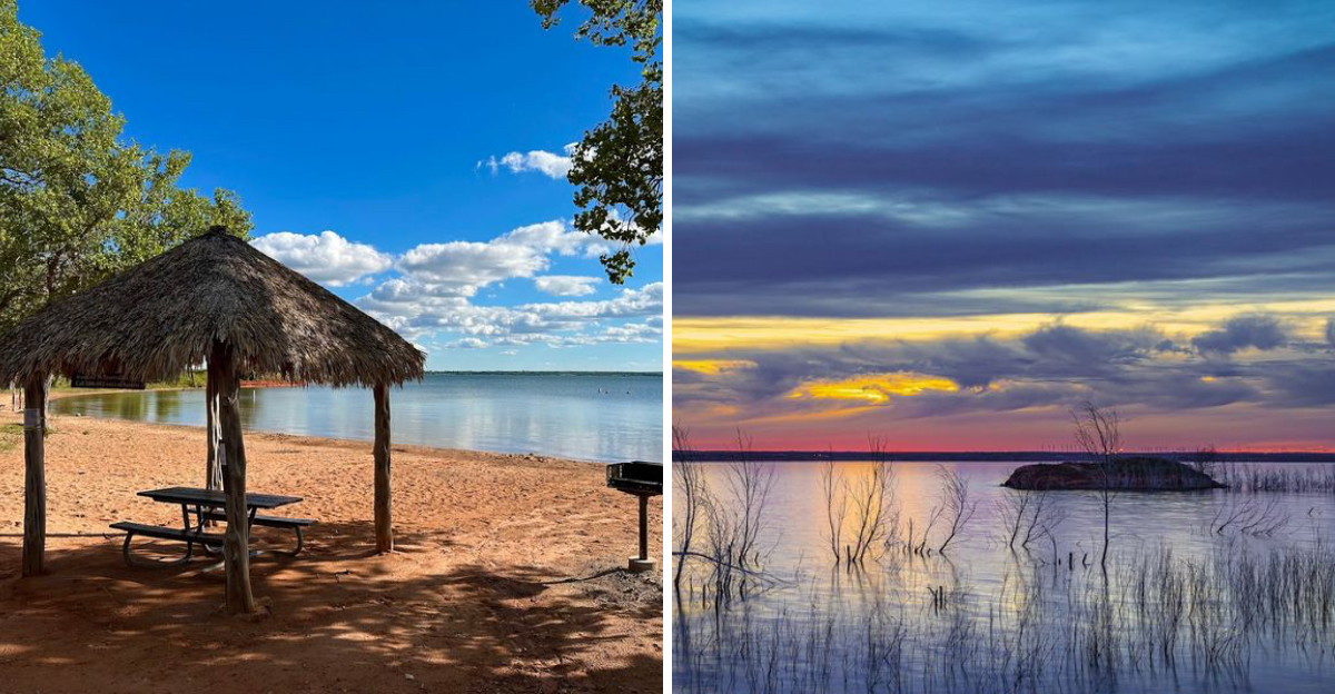 Rugged Oklahoma park where red rock cliffs meet wide-open water and it ...