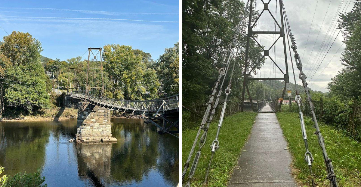 This Virginia swinging bridge spans 366 feet across the water, making ...