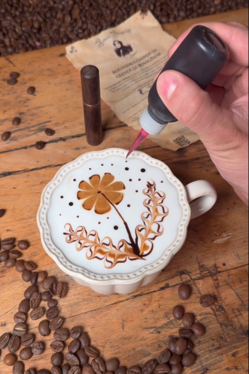 Floral latte art coffee with handcrafted design