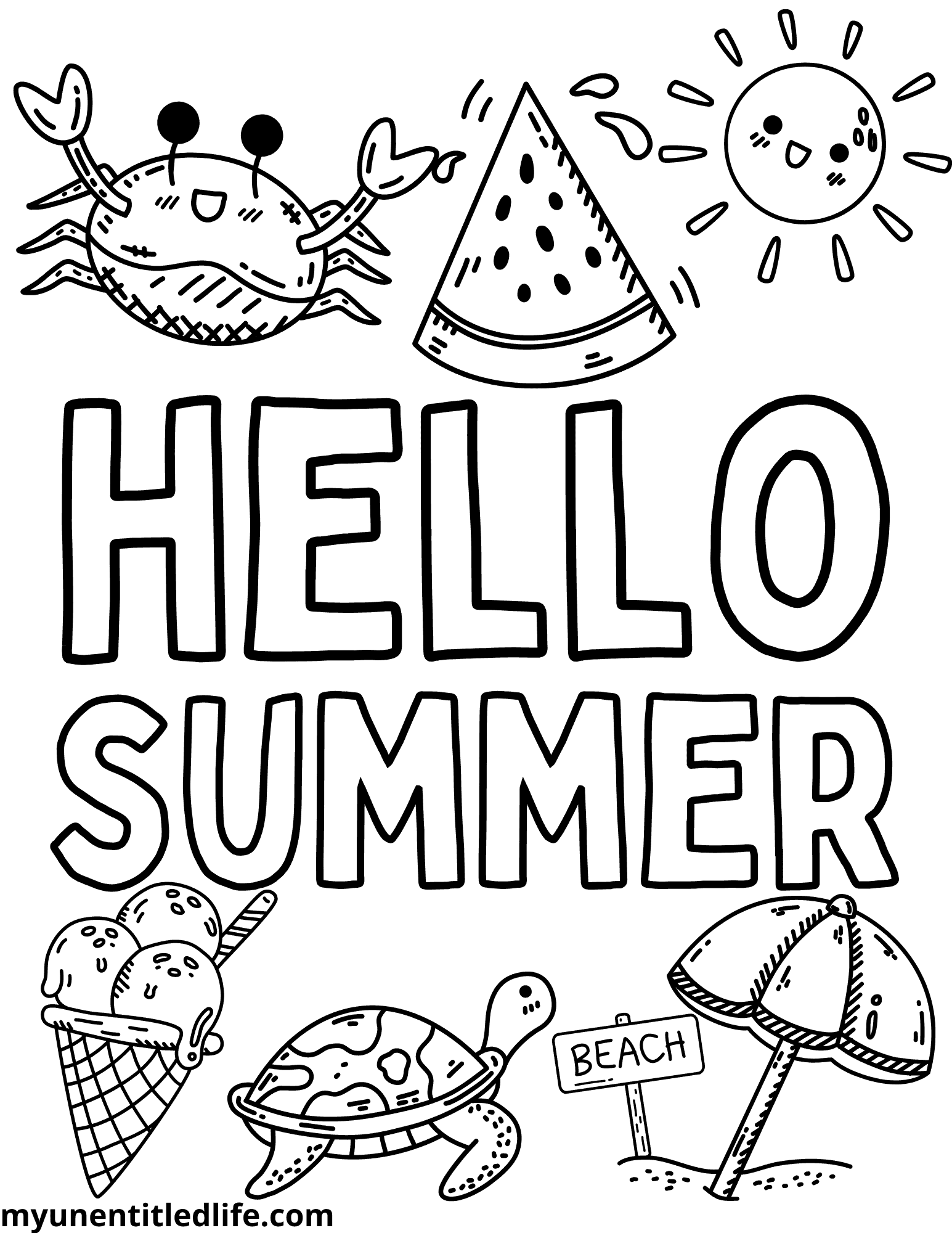 Summer beach coloring page for kids