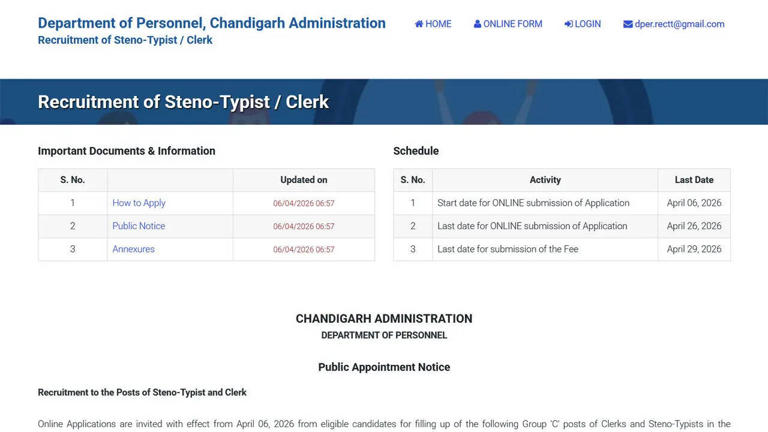 Chandigarh administration clerk recruitment 2026 last date today apply ...
