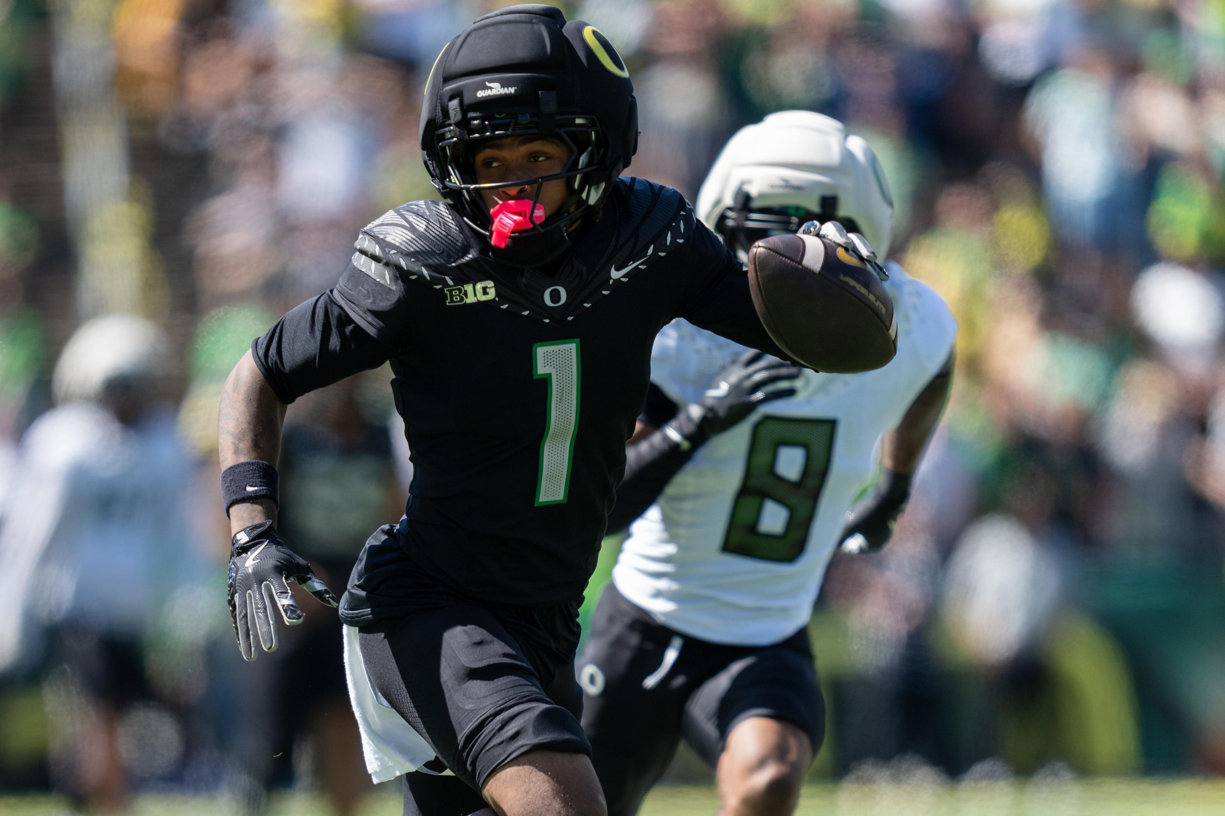 Which Oregon players' stock improved the most during spring game?