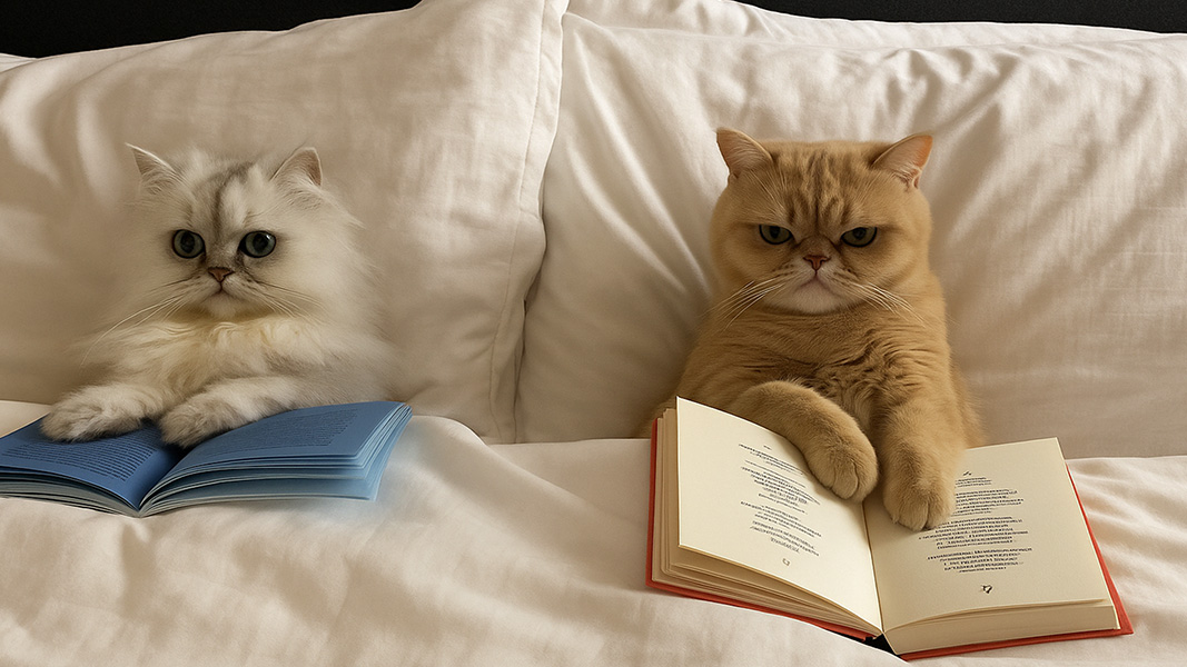Cats relax reading books on bed