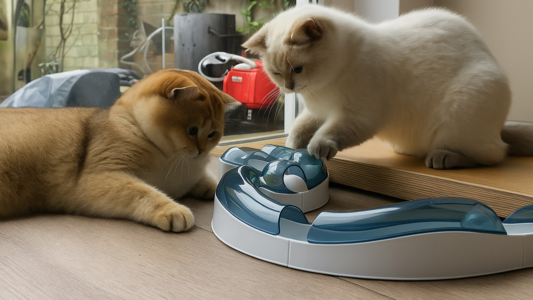 Cats play with puzzle toy indoors