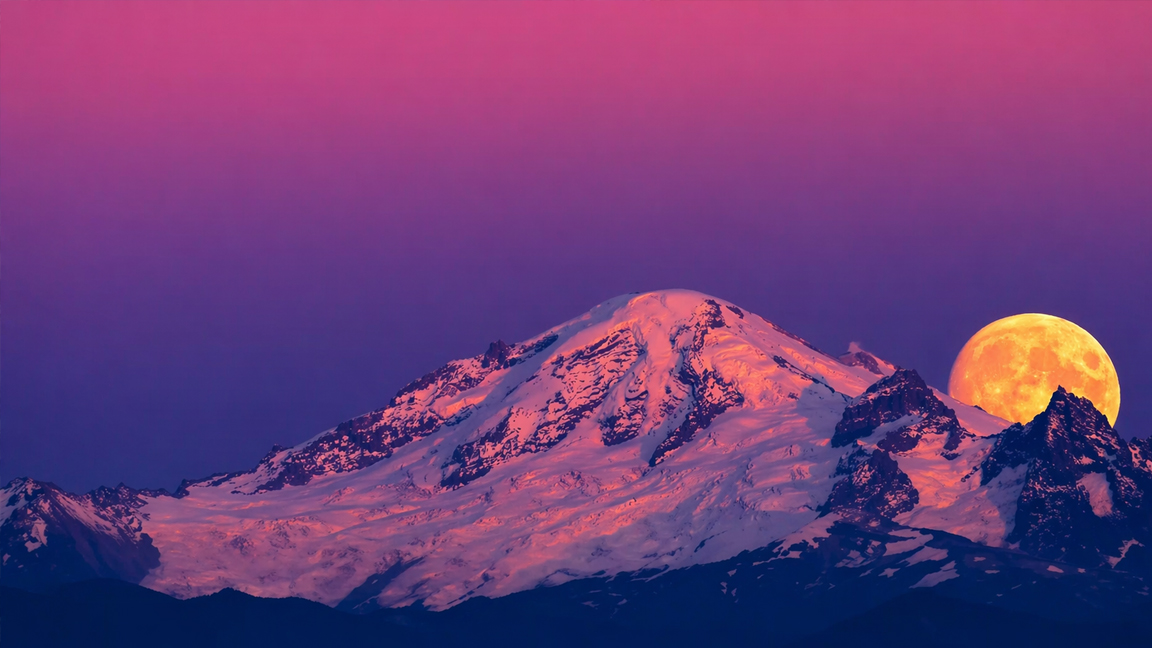 Peaceful evening sky with full moon and illuminated mountains