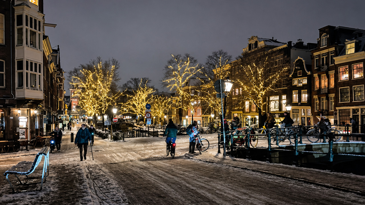 A quiet evening scene in Amsterdam with city lights