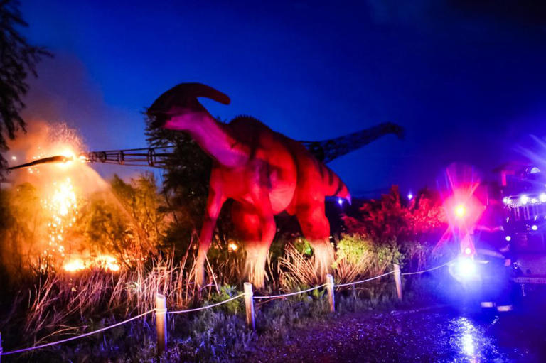 Kansas theme park looks to rebuild after 60-ton dinosaur goes up in flames