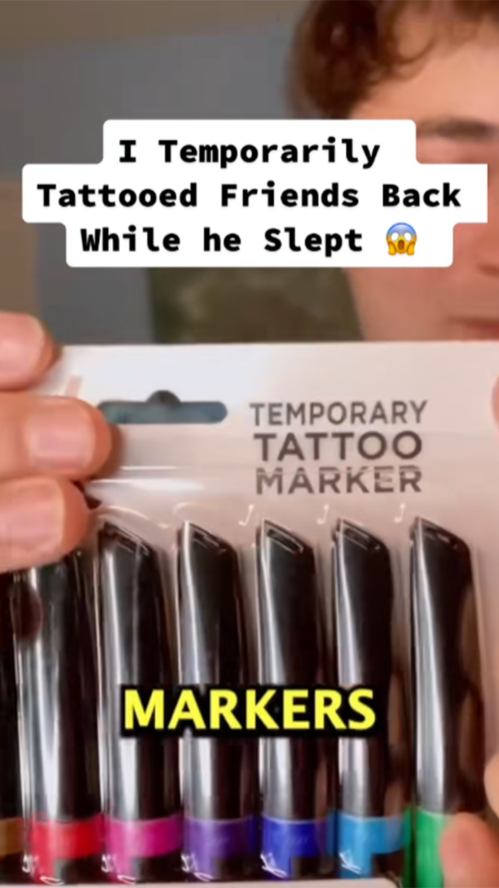 Funny sleeping prank with a temporary tattoo on my friend’s back