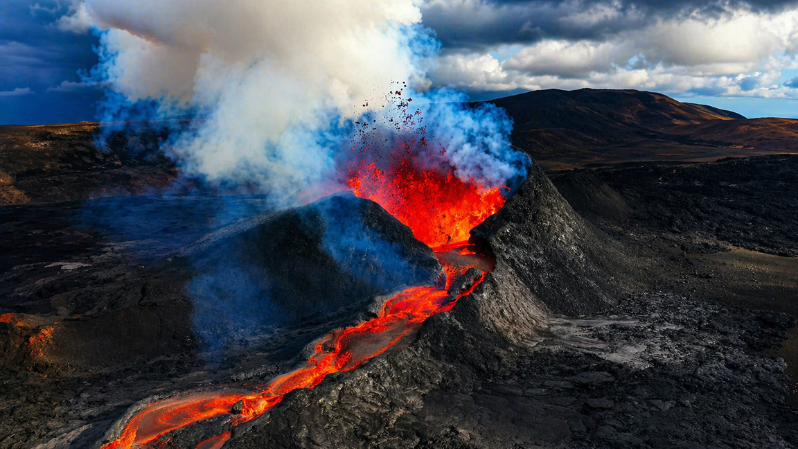 Intense volcanic activity with molten lava and ash clouds