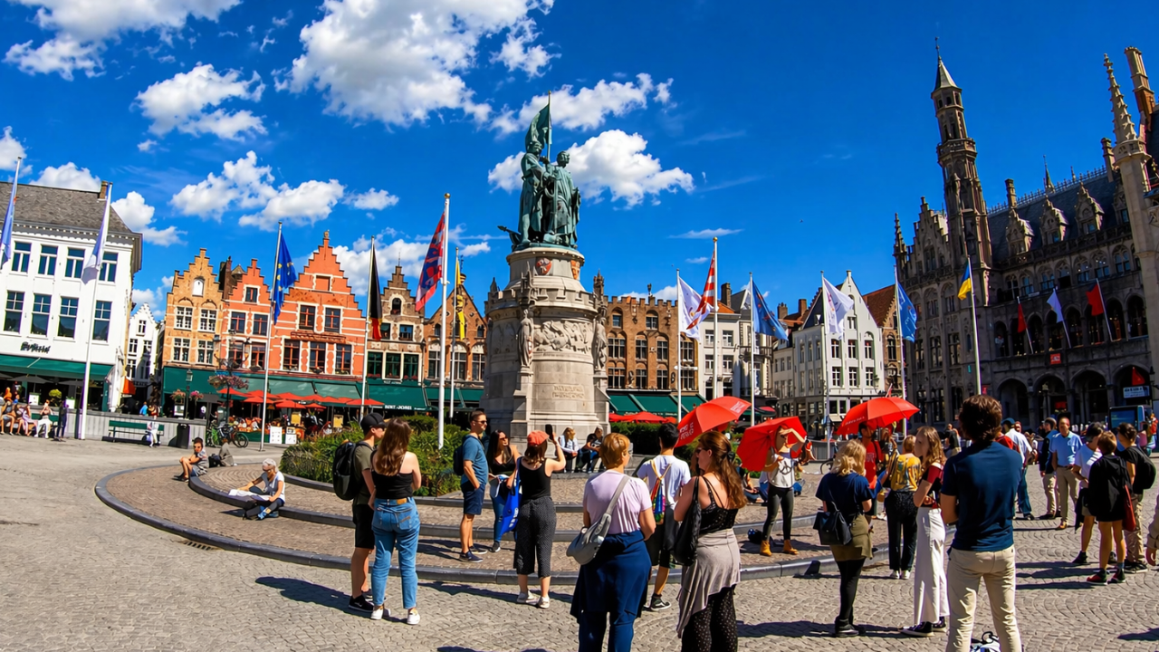 Passeggiata in piazza del Mercato a Bruges, Belgio (4K)