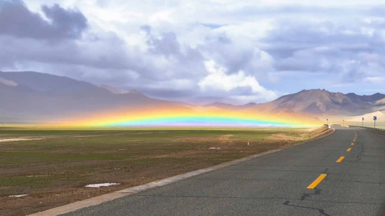 Low-hanging rainbow appears near mountains in Tibet, China