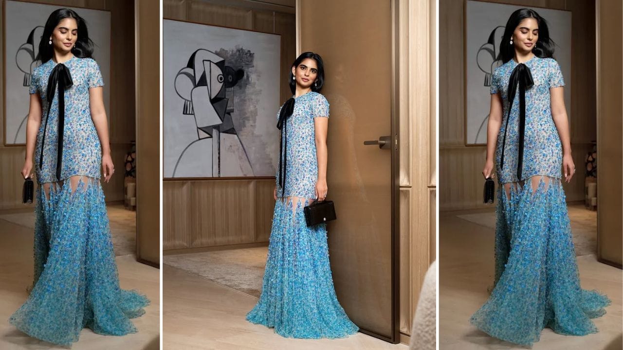 Isha Ambani’s baby blue Dior spring 2026 gown and diamond earrings once ...