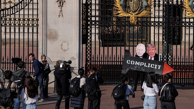 Campaigners protest against King Charles' meeting Trump using prop missile