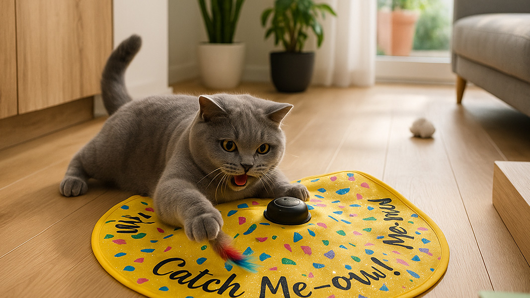 Cat plays interactive toy on floor