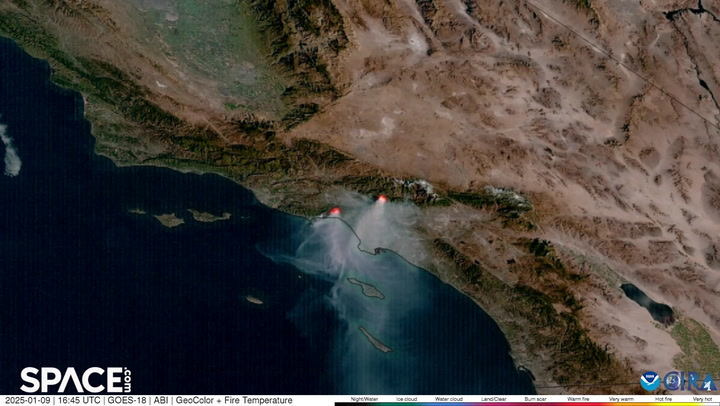 Satellite view of California's Palisades and Eaton fires in time-lapse