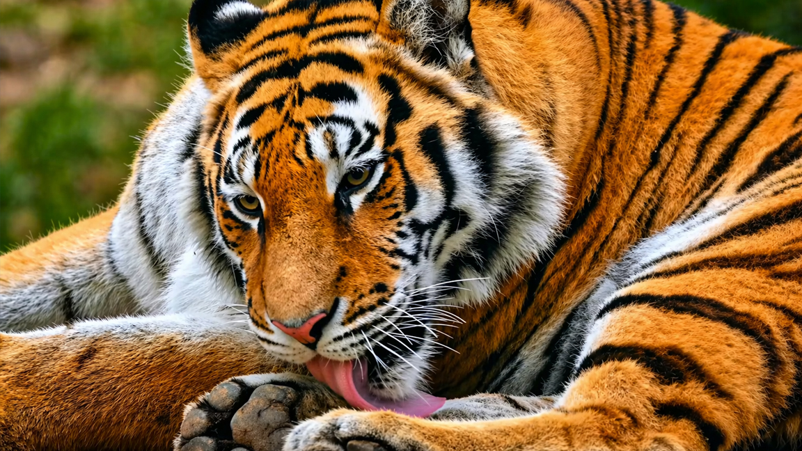 Wild tiger relaxing and grooming with sharp eyes