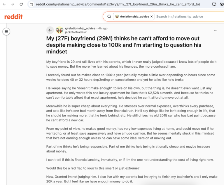 Her boyfriend said he can't afford to move out of his mom and dad's ...