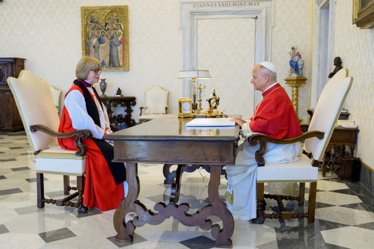 Pope Leo and Archbishop of Canterbury Sarah Mullally meet for the first ...